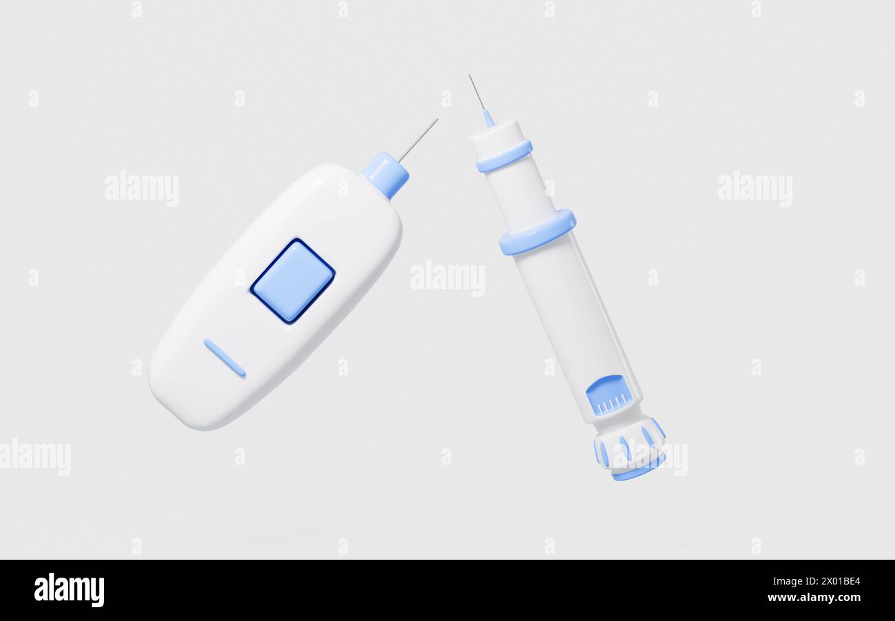 Cartoon insulin pen needle and blood sampling, 3d rendering. 3d ...