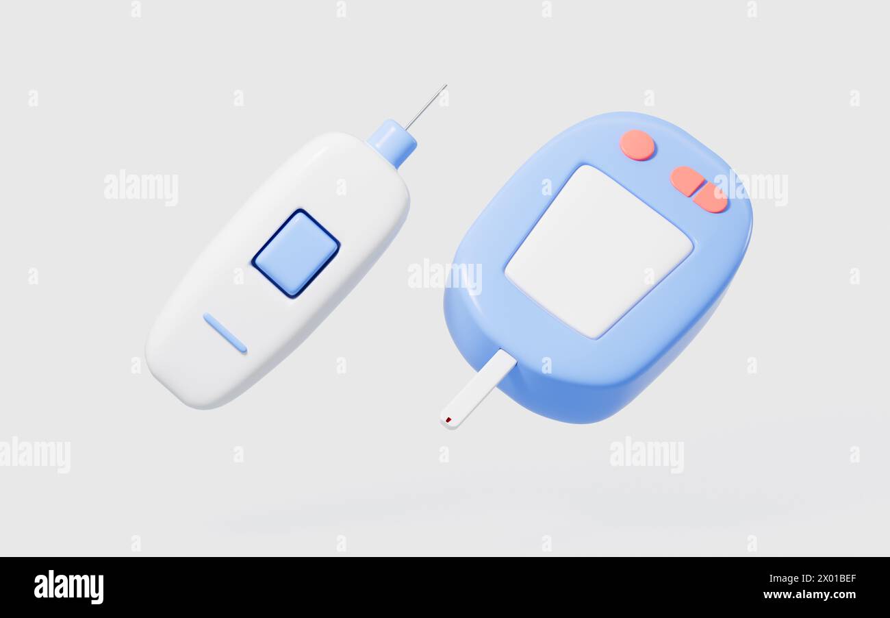 Cartoon glucometer and insulin pen injection, 3d rendering. 3d ...
