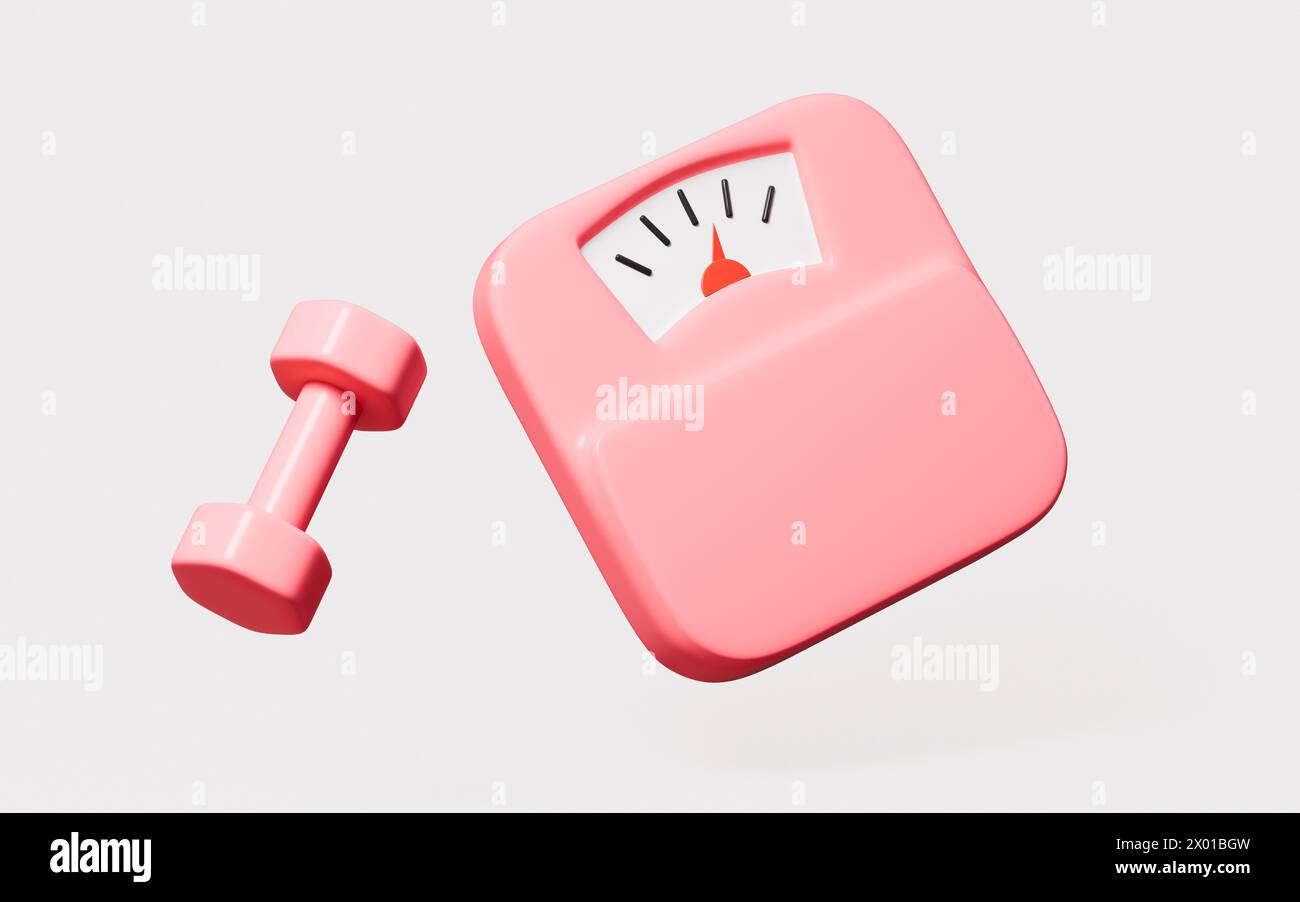 Cartoon weight scale and dumbbell, health and exercise concept, 3d ...