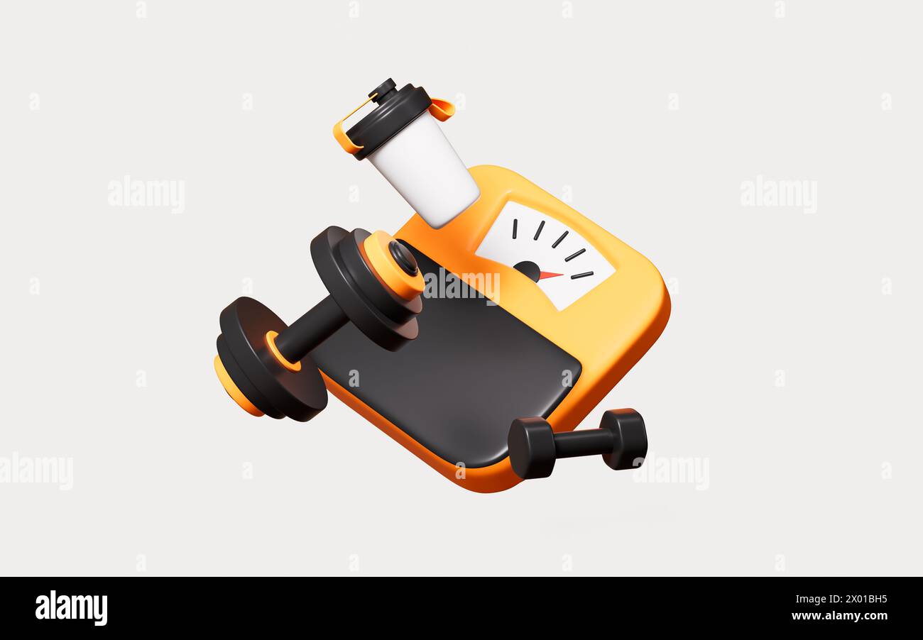 Cartoon weight scale, sport cup and dumbbells, health and exercise ...