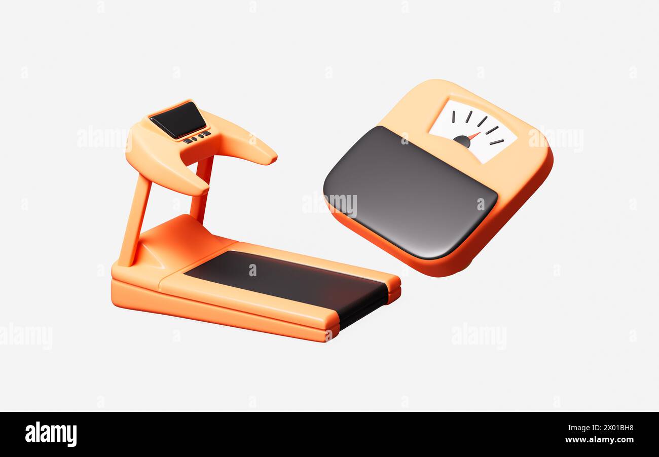 Cartoon weight scale and running machine, health and exercise concept ...