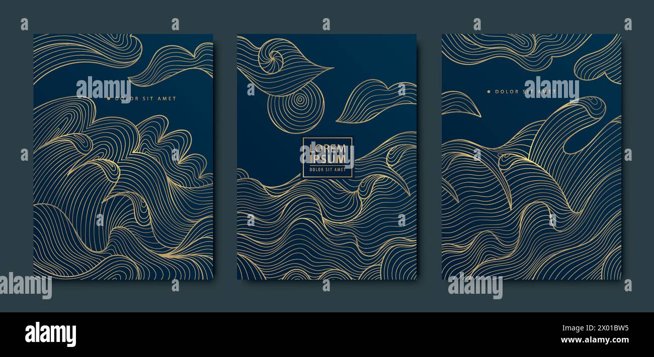 Vector sea chinese, japanese patterns set, wave design background, line ...