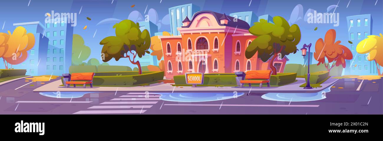 School building on street in autumn city cartoon background. University ...