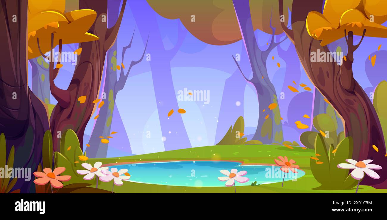 Autumn lake in forest landscape scene illustration. Beautiful fall park ...