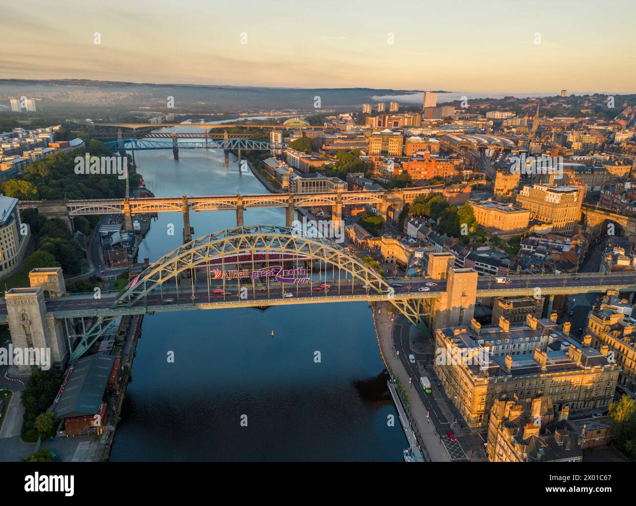 Aerial image of the Tyne bridges in Newcastle and Gateshead takan on a ...