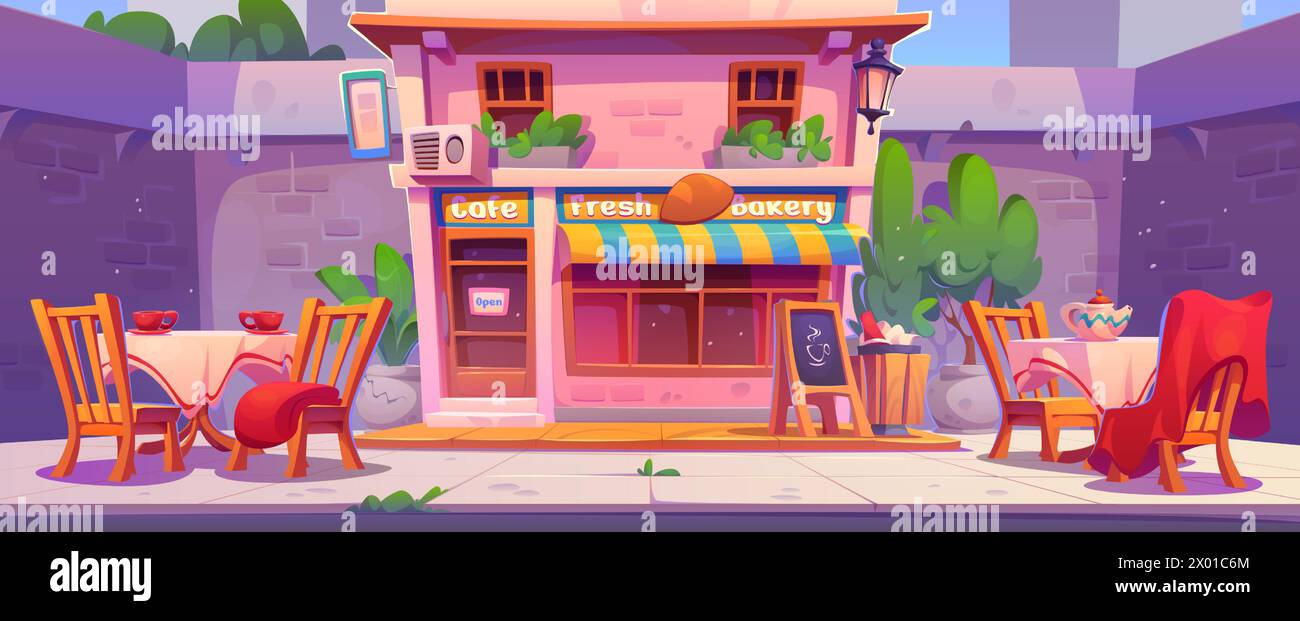 Bakery facade exterior with street cafe tables and chairs. Cartoon city ...