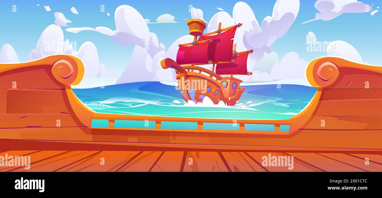 Old sail boat view from ship deck in sea cartoon illustration. Wood ...