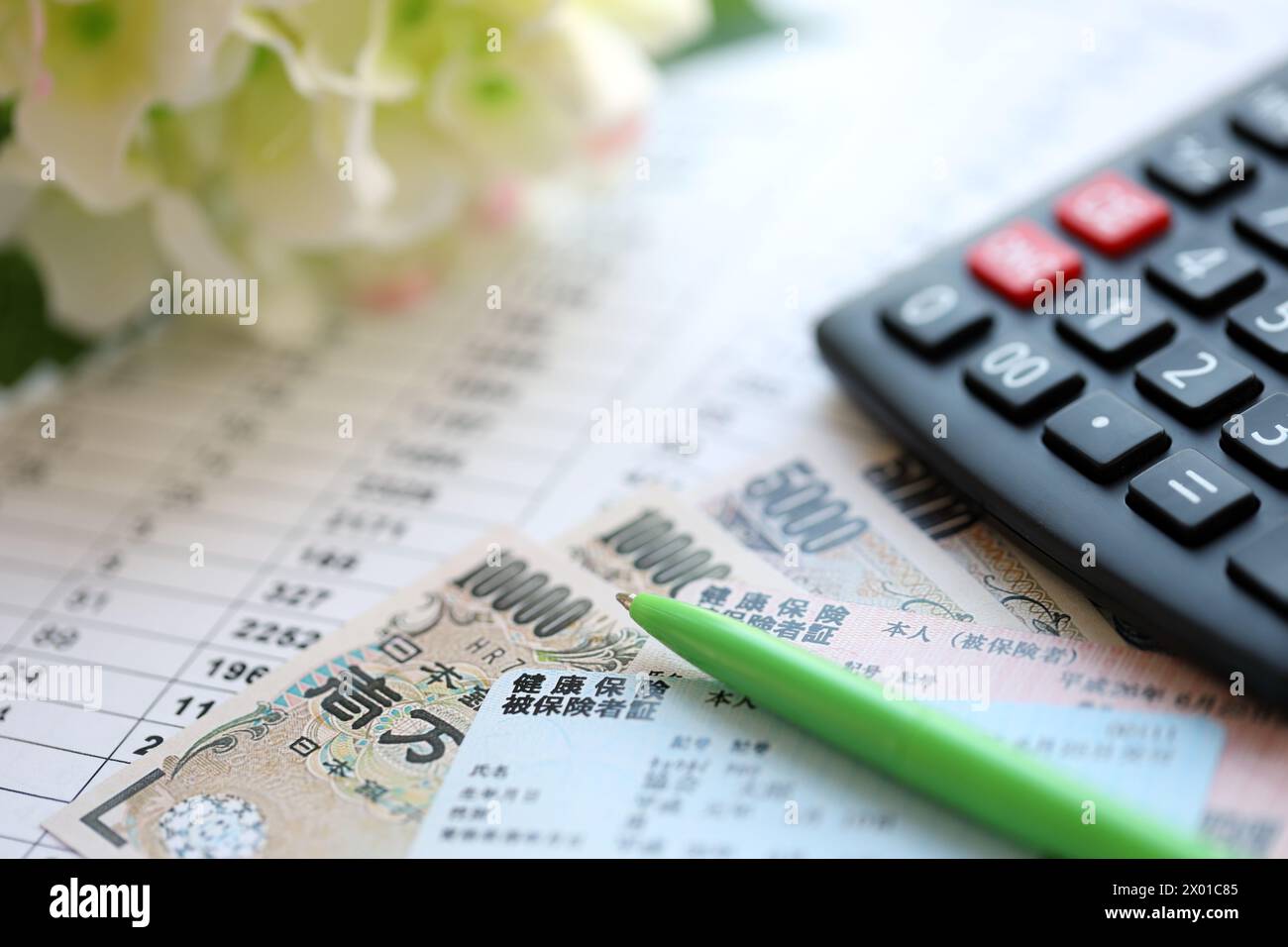 Light blue and red Japan Health Insurance cards on table with japanese ...