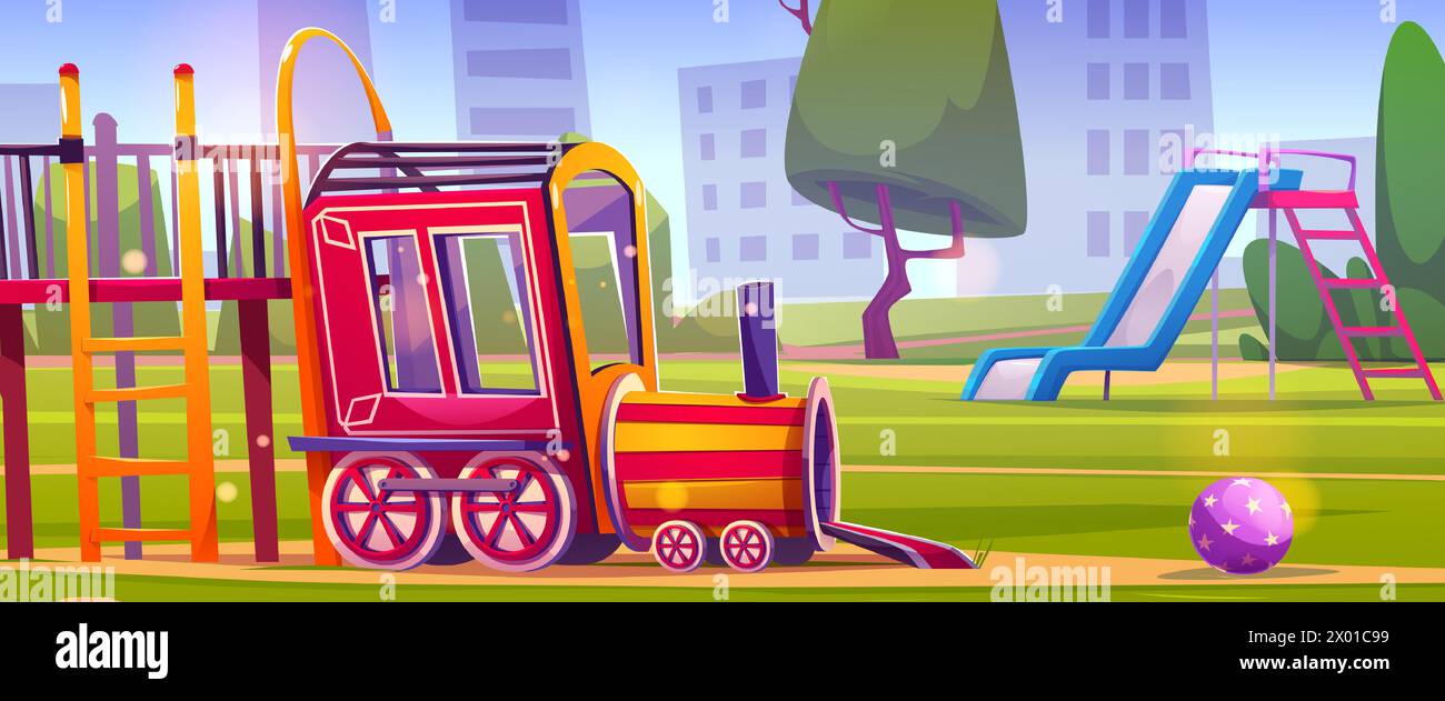 Playground park in kindergarten city garden landscape. Slide and climb ...