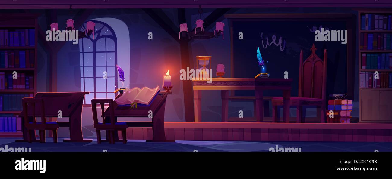 Magic school classroom interior at night. Vector cartoon illustration ...
