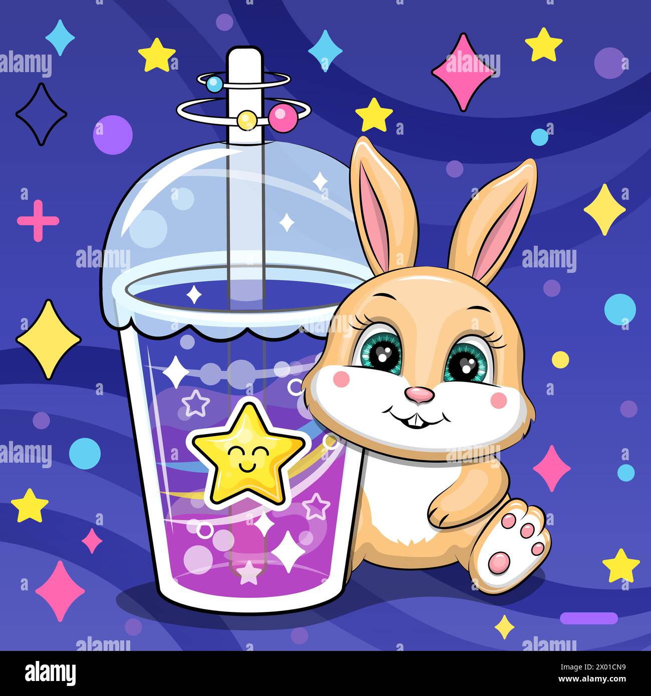 Cute cartoon rabbit with a big star drink. Vector illustration of an ...