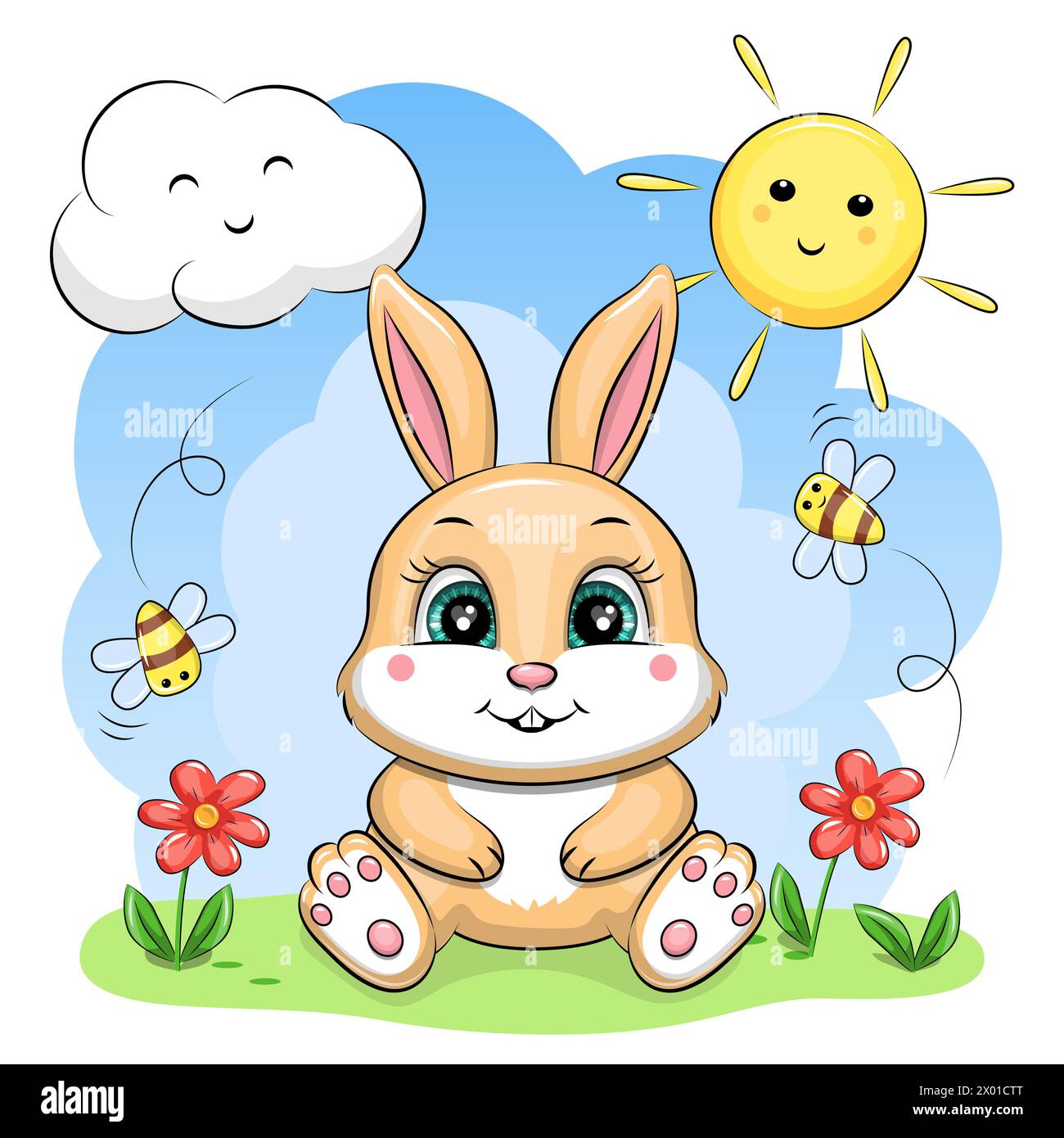 Cute cartoon bunny in nature. Spring vector illustration of an animal ...