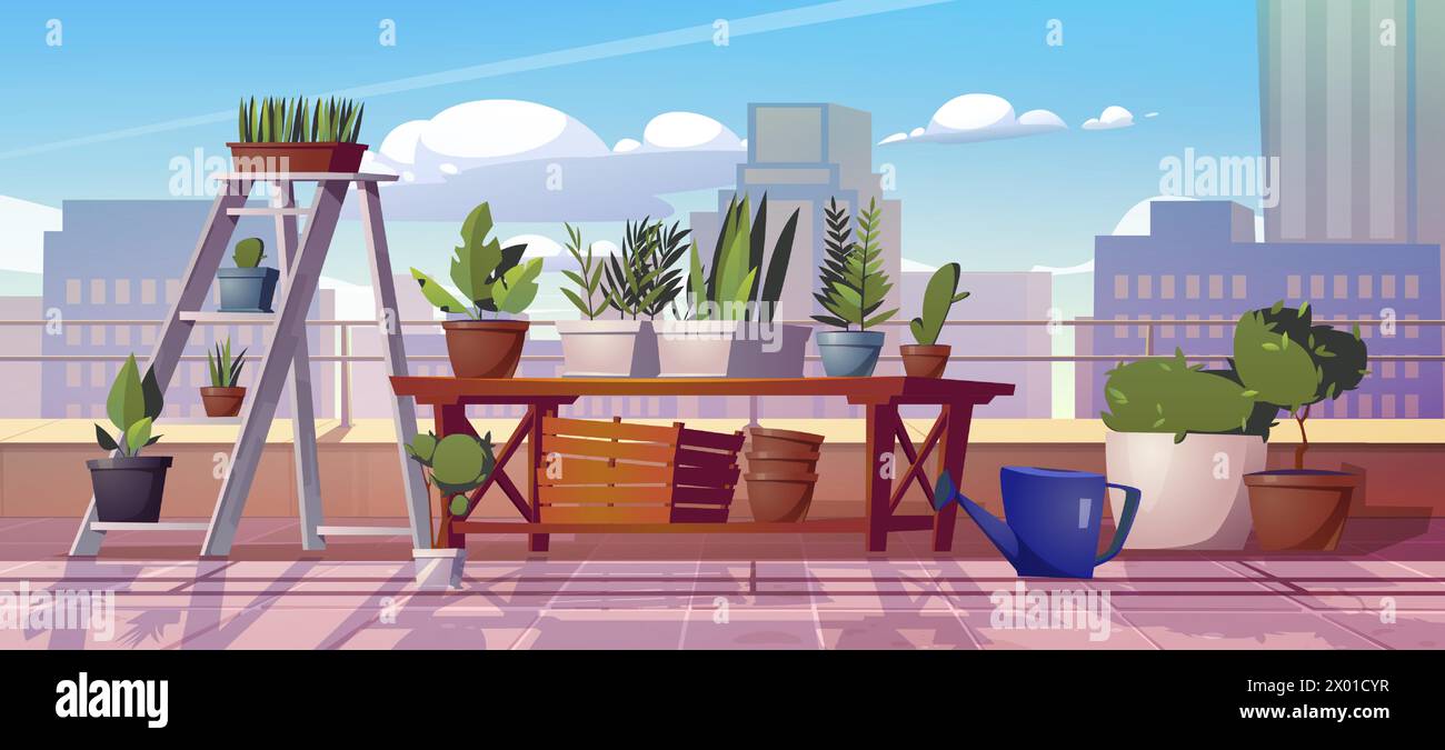 Plant garden on urban home balcony cartoon vector. House veranda or ...