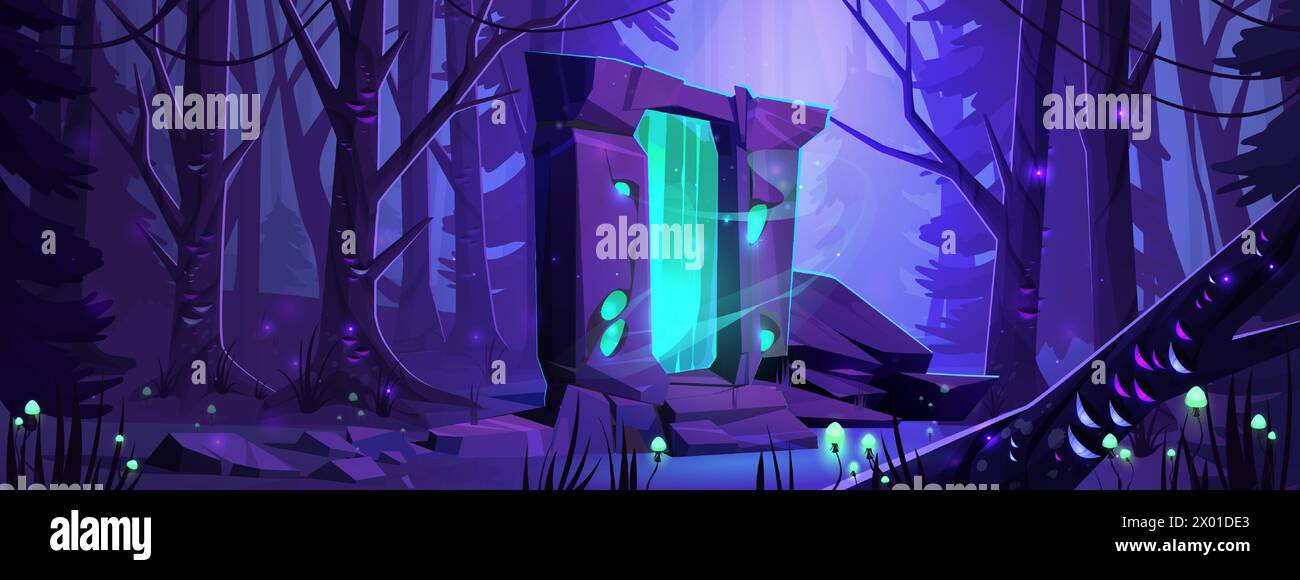 Magic fairy tale portal in night forest. Vector cartoon illustration of ...