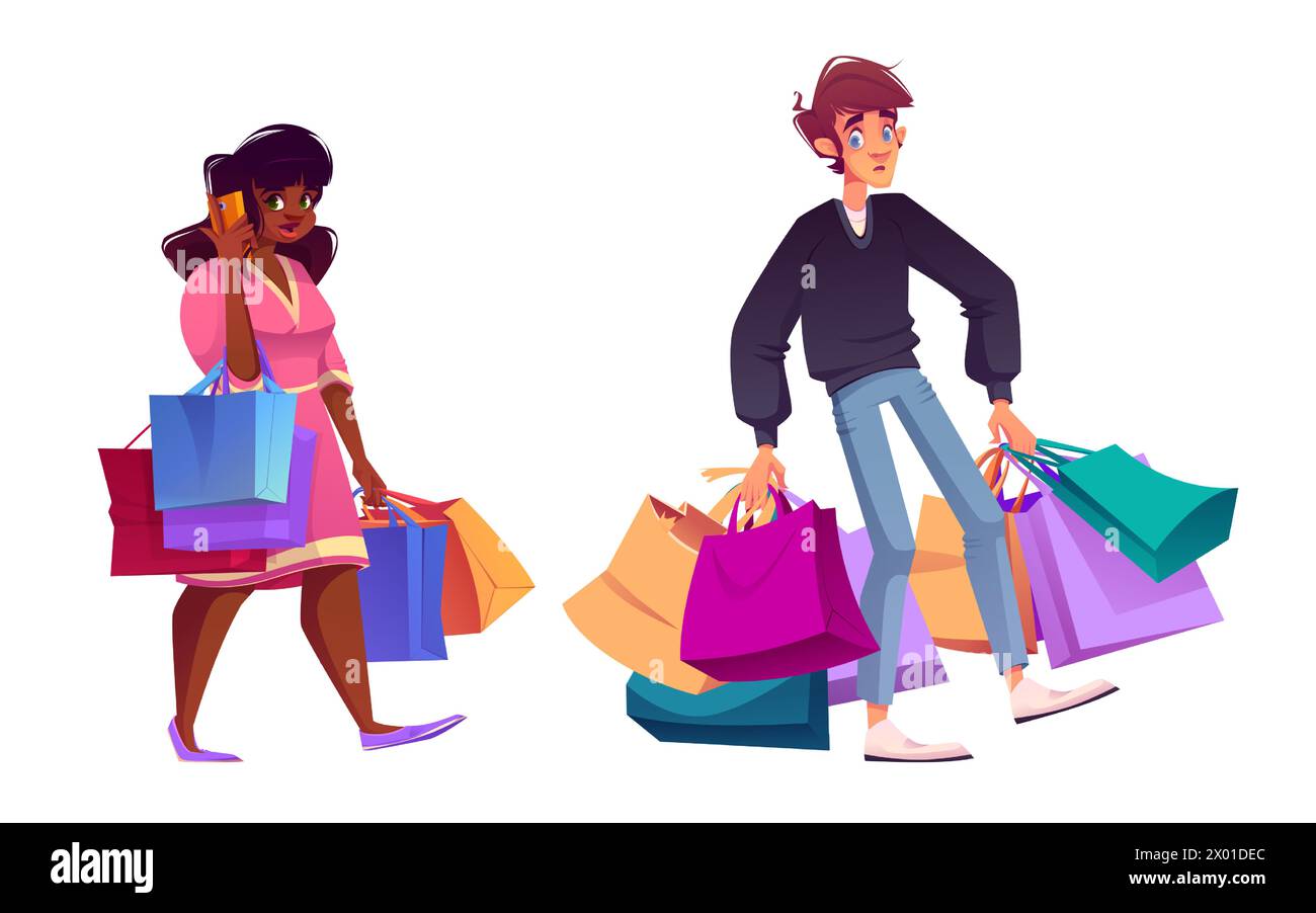 Mall buyer character with paper shopping bags. Cartoon vector ...
