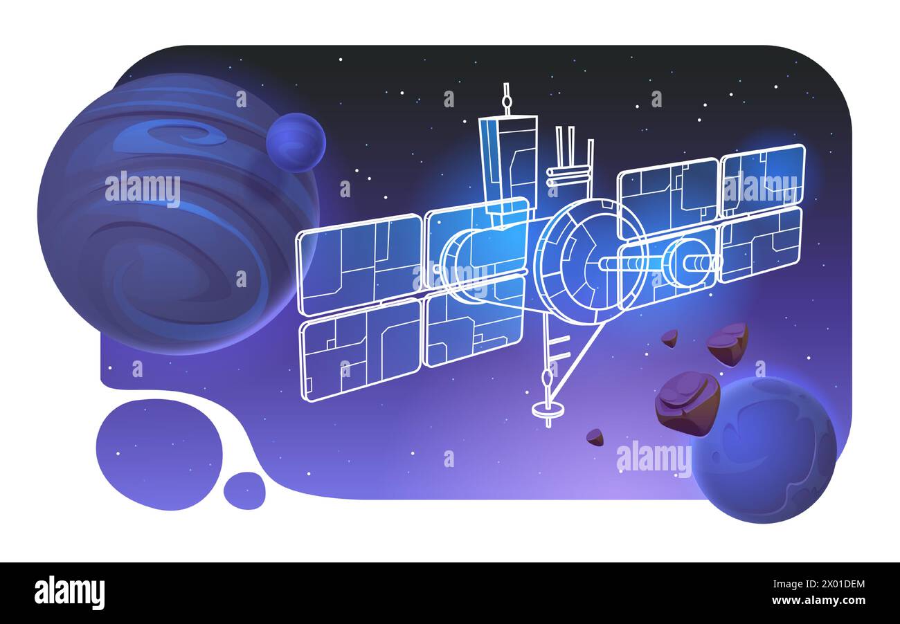 Satellite in space cartoon background. Galaxy station design with ...
