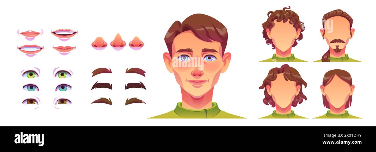 Man avatar construction kit with different haircuts and lips emotions ...