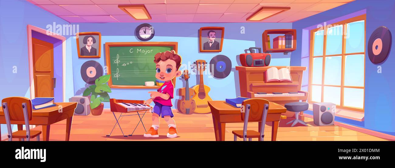 Kid in school music classroom on lesson cartoon. Children student ...