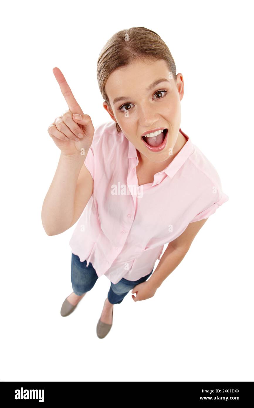 Surprise, woman and portrait pointing for promotion, advertising or ...