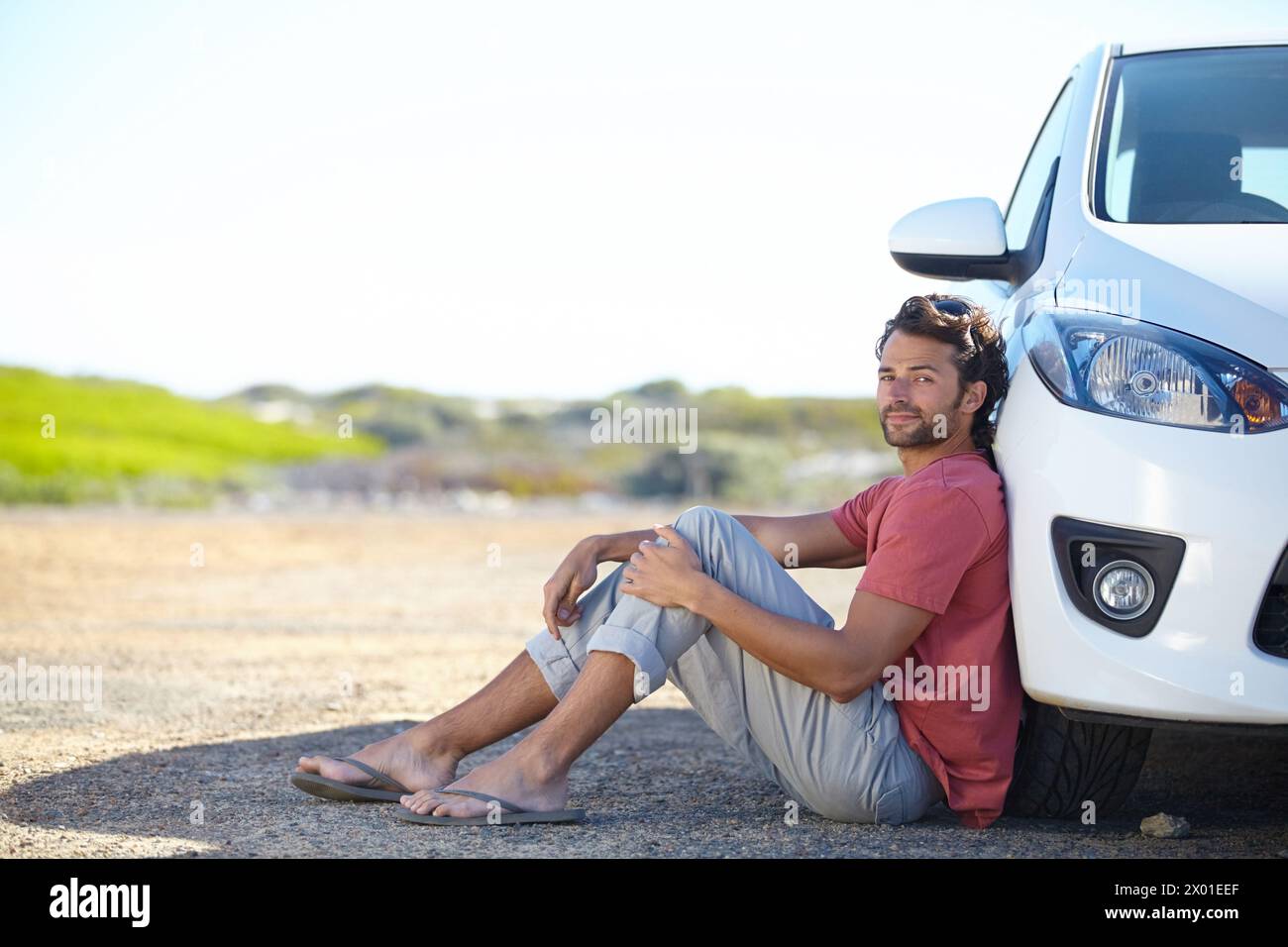 Portrait, man and car breakdown on road with engine problems waiting ...