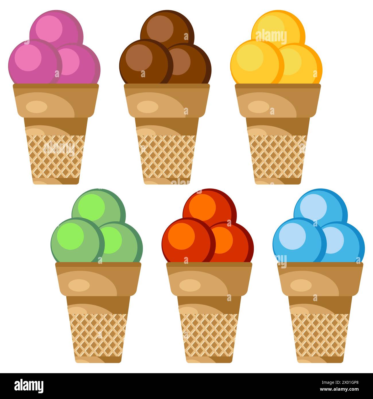 Set Of Vector Illustration Of Ice Cream Waffle Cups With Three Ice