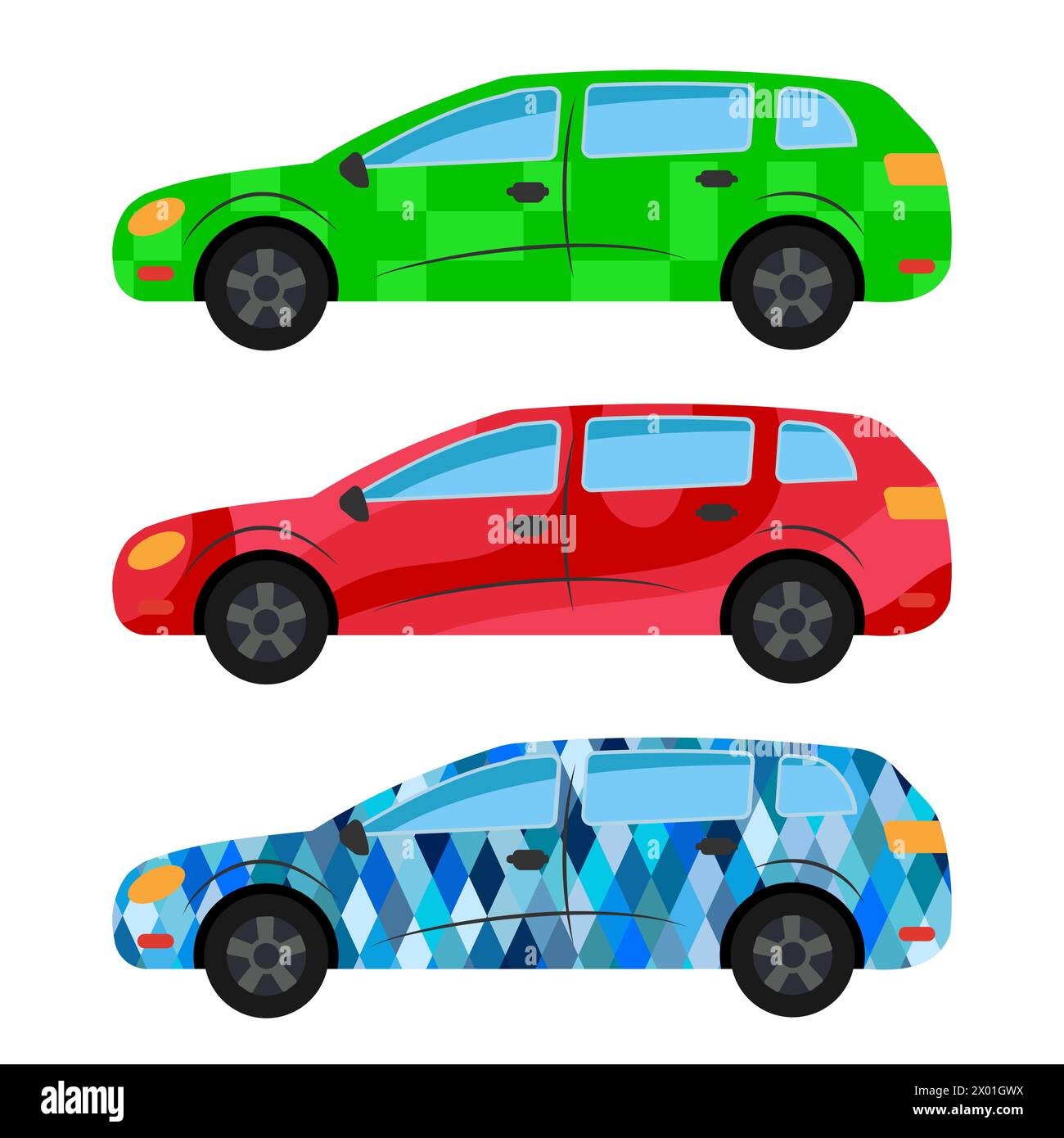 A set of three cars painted in different colors. Vector illustration ...