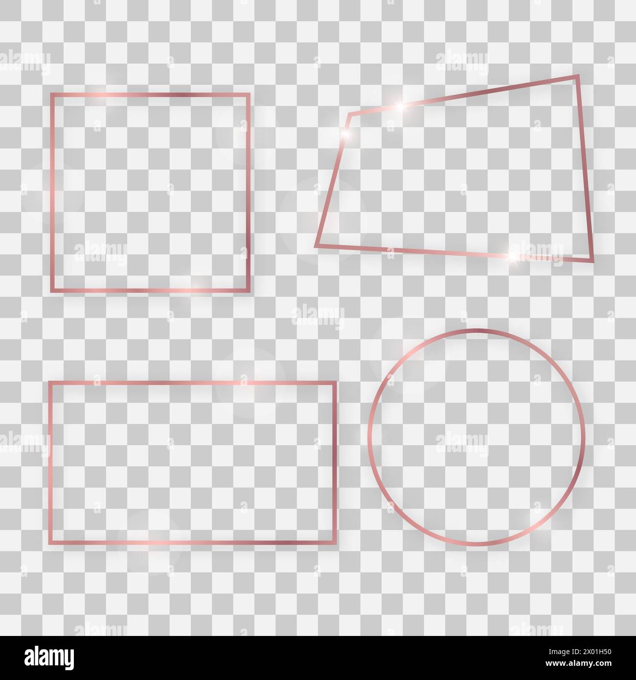 Rose gold shiny frames with glowing effects. Set of four rose gold rectangular, round, square ...