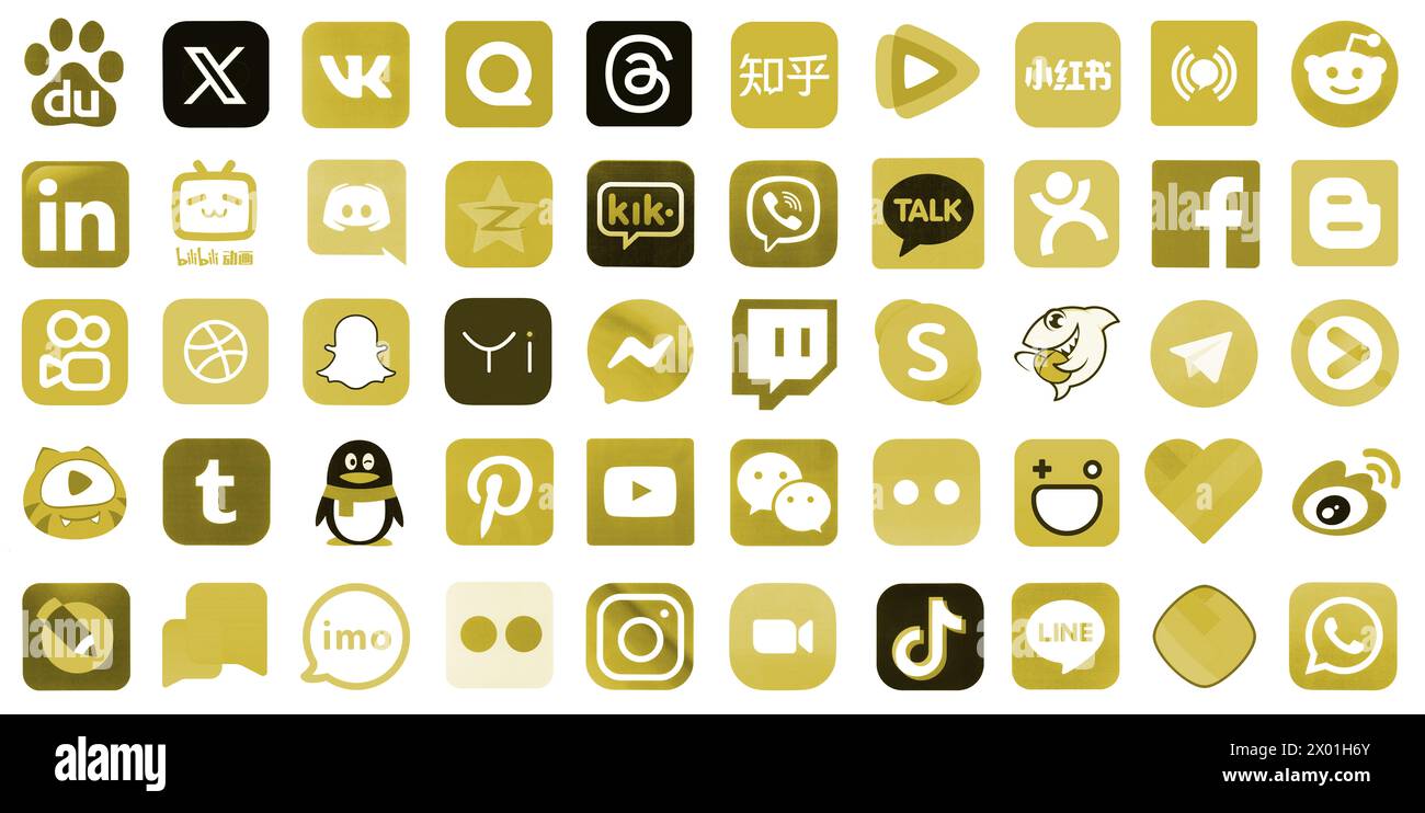 KYIV, UKRAINE - APRIL 1, 2024 Many icons of popular social media, messengers, video sharing ...