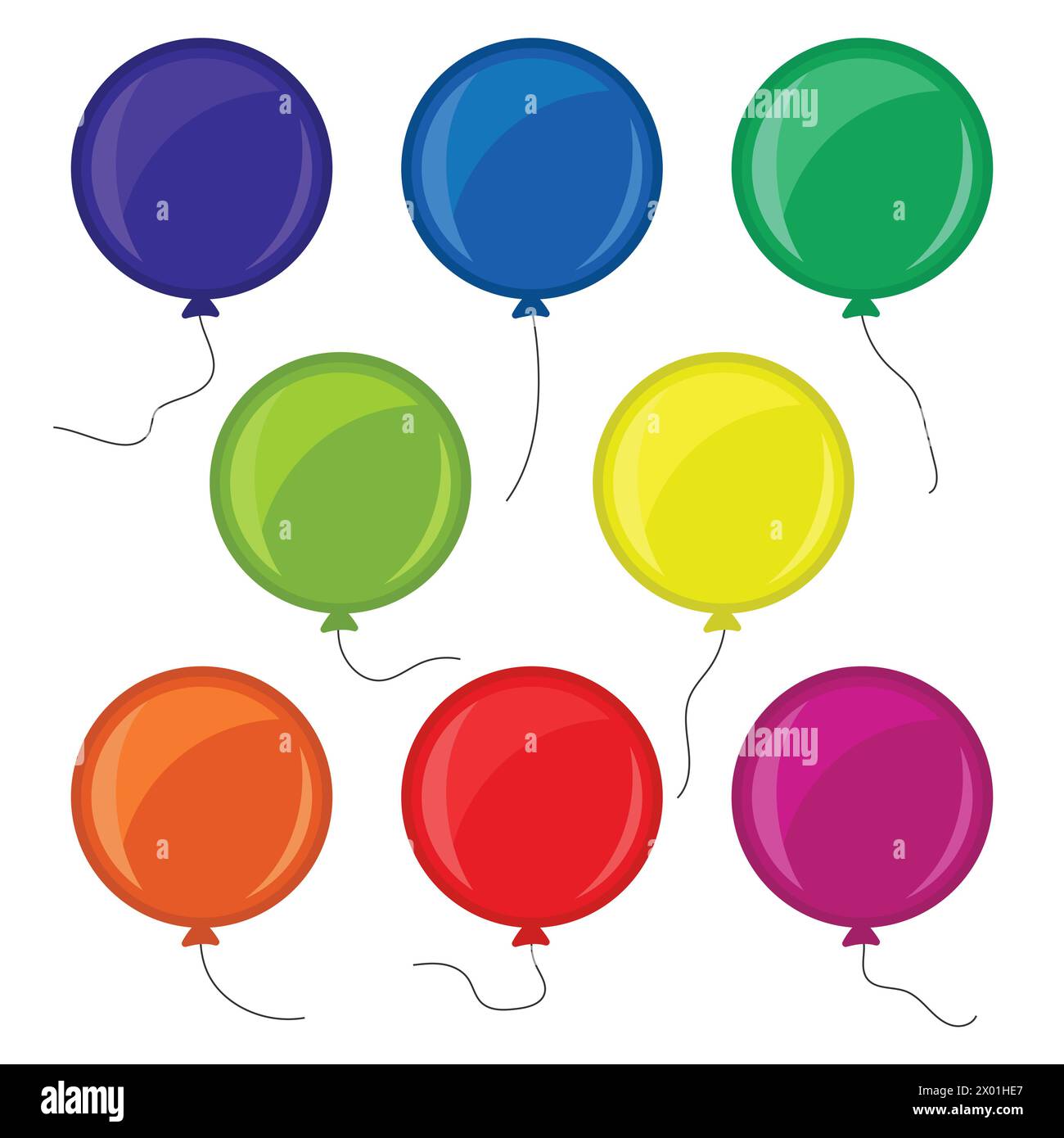 Set of eight colorful balloons with a string isolated on white ...