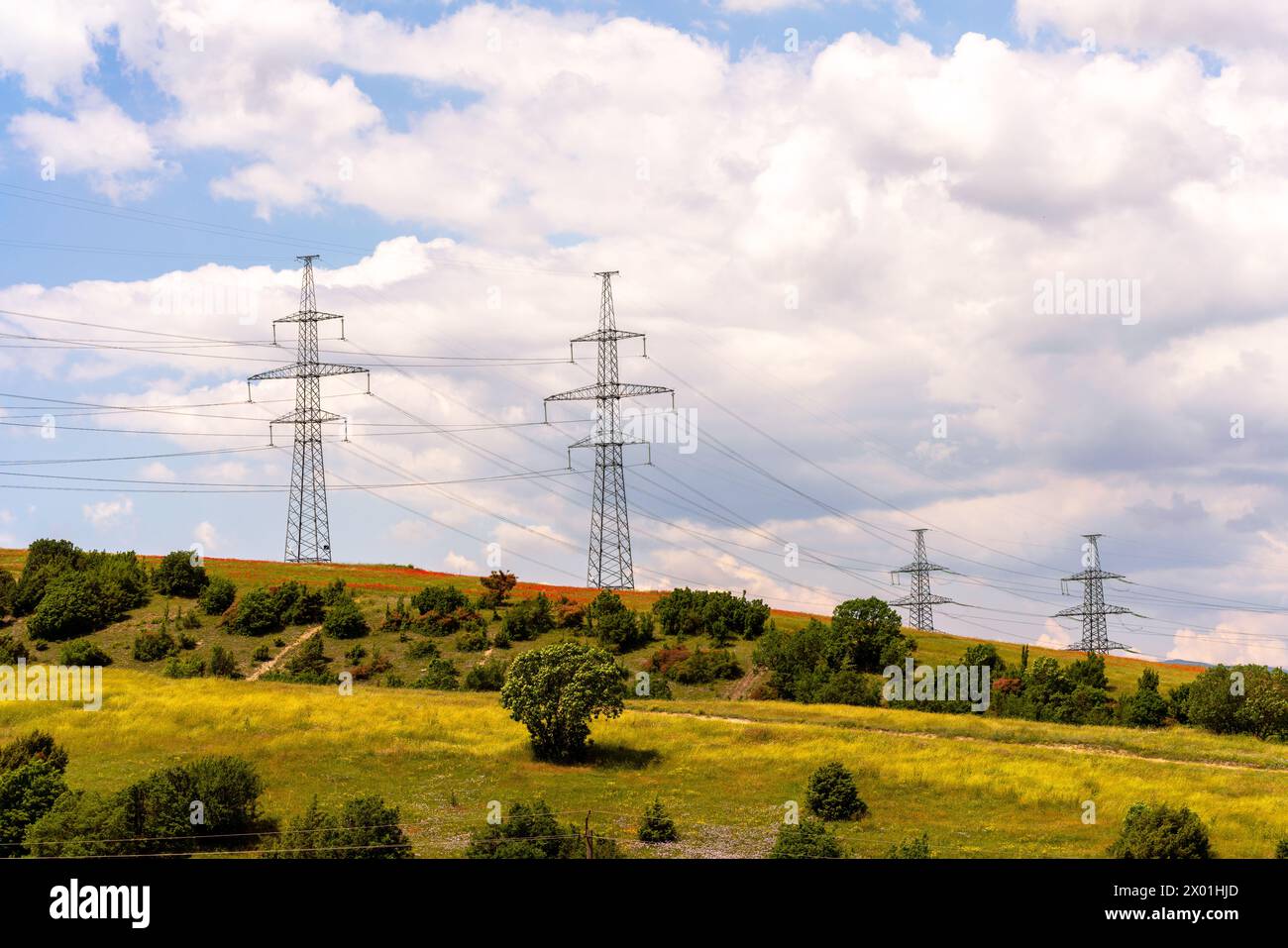 High voltage towers Electric pole. Power line support with wires for ...