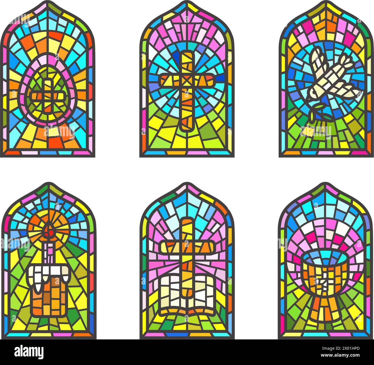 Church stained windows with religious Easter symbols. Christian mosaic ...