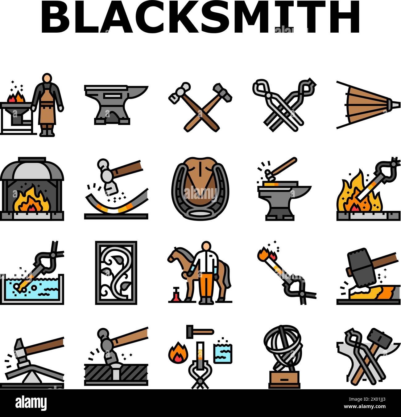 blacksmith forge anvil hammer icons set vector Stock Vector Image & Art - Alamy