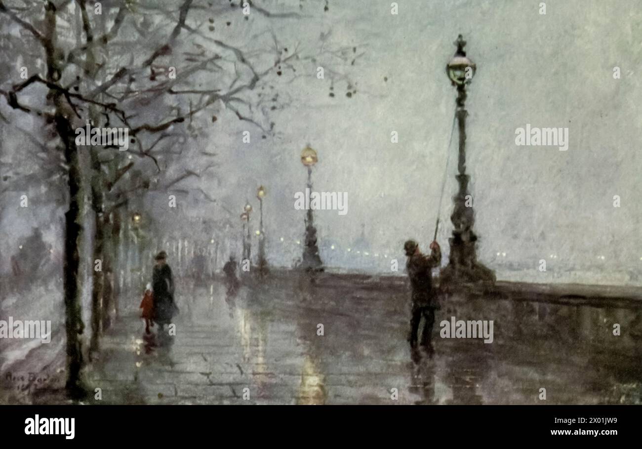 Illustration of the last lamp on Thames Embankment. Watercolour painted ...