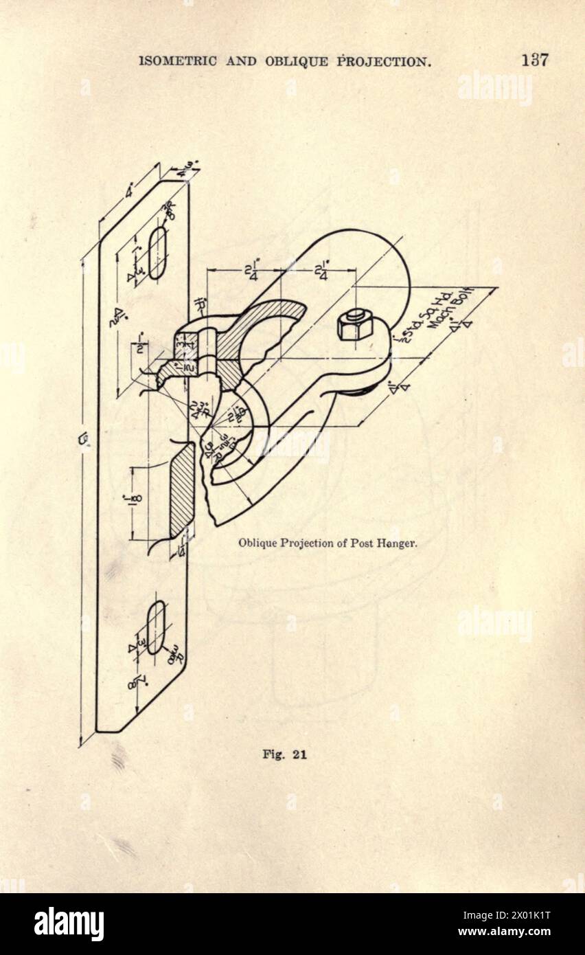 Oblique projection of a post hanger, illustration. From 'Mechanical drafting' by Henry Willard ...