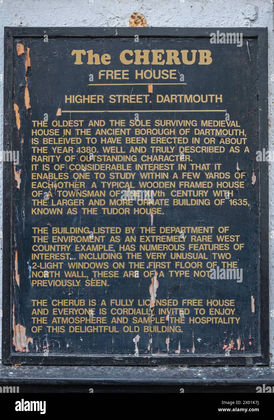 An information board on the timber framed, Elizabethan, Cherub public ...