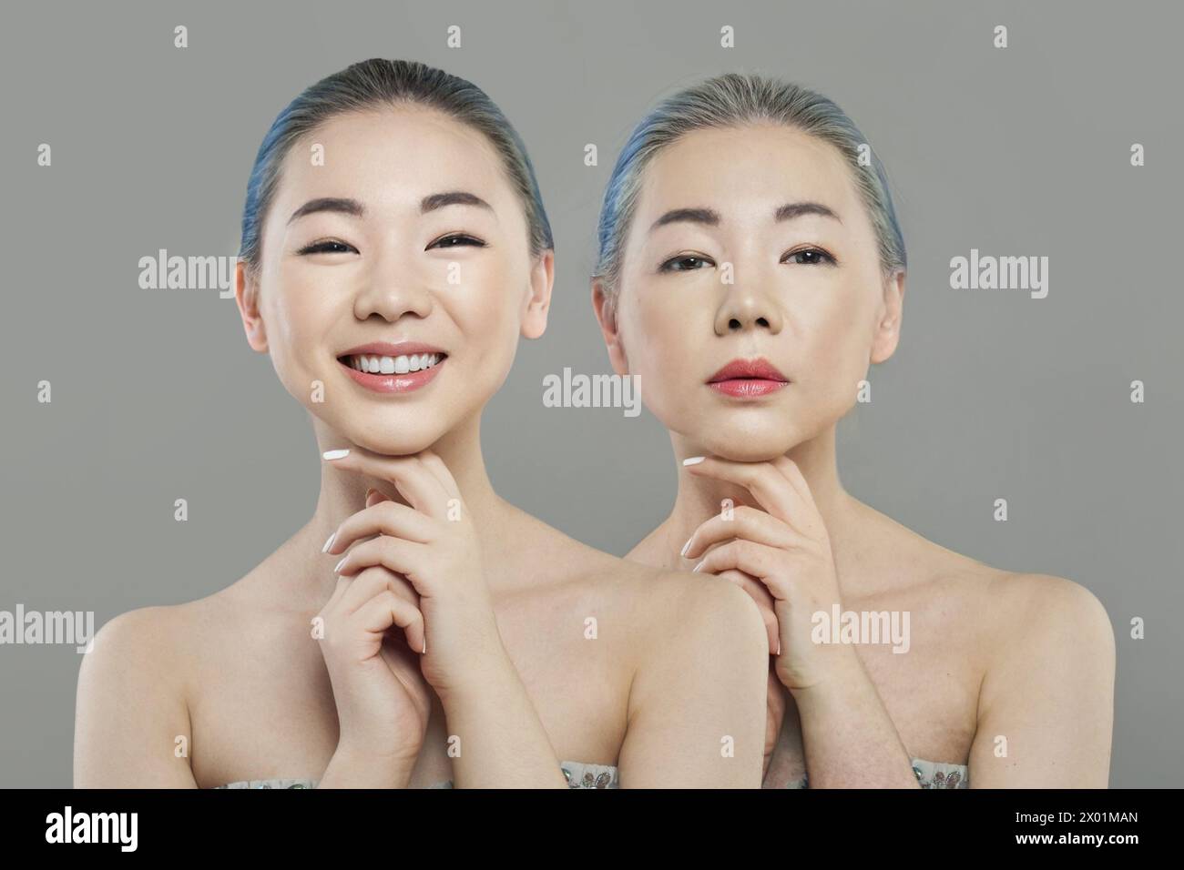 Two Asian Women Young Adult And Senior Aging Cosmetology Plastic