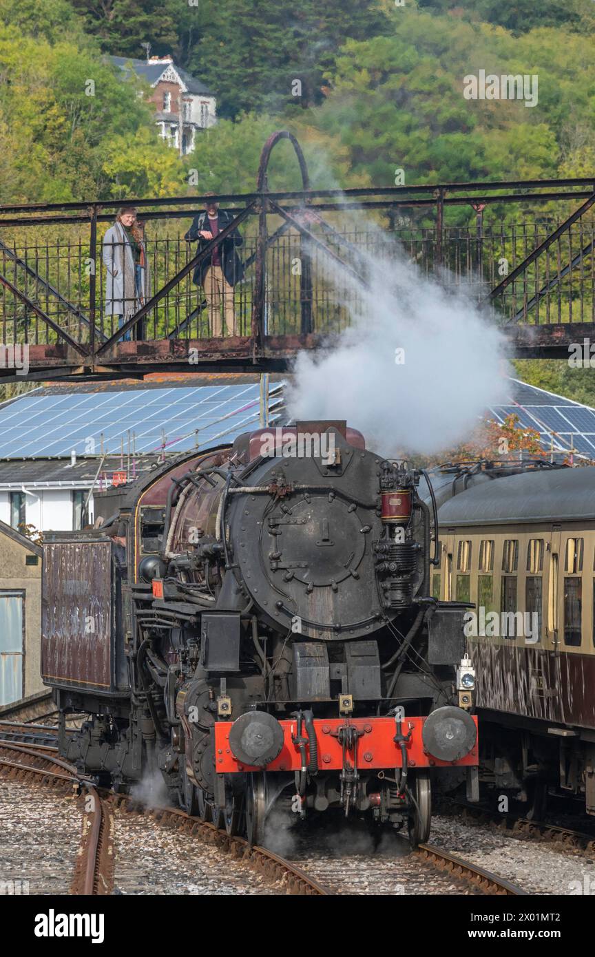 The Omaha steam locomotive pulling a train into Kingswear, Devon ...
