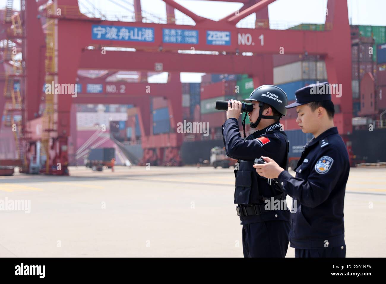 ZHOUSHAN, CHINA - APRIL 9, 2024 - Police at the border inspection ...