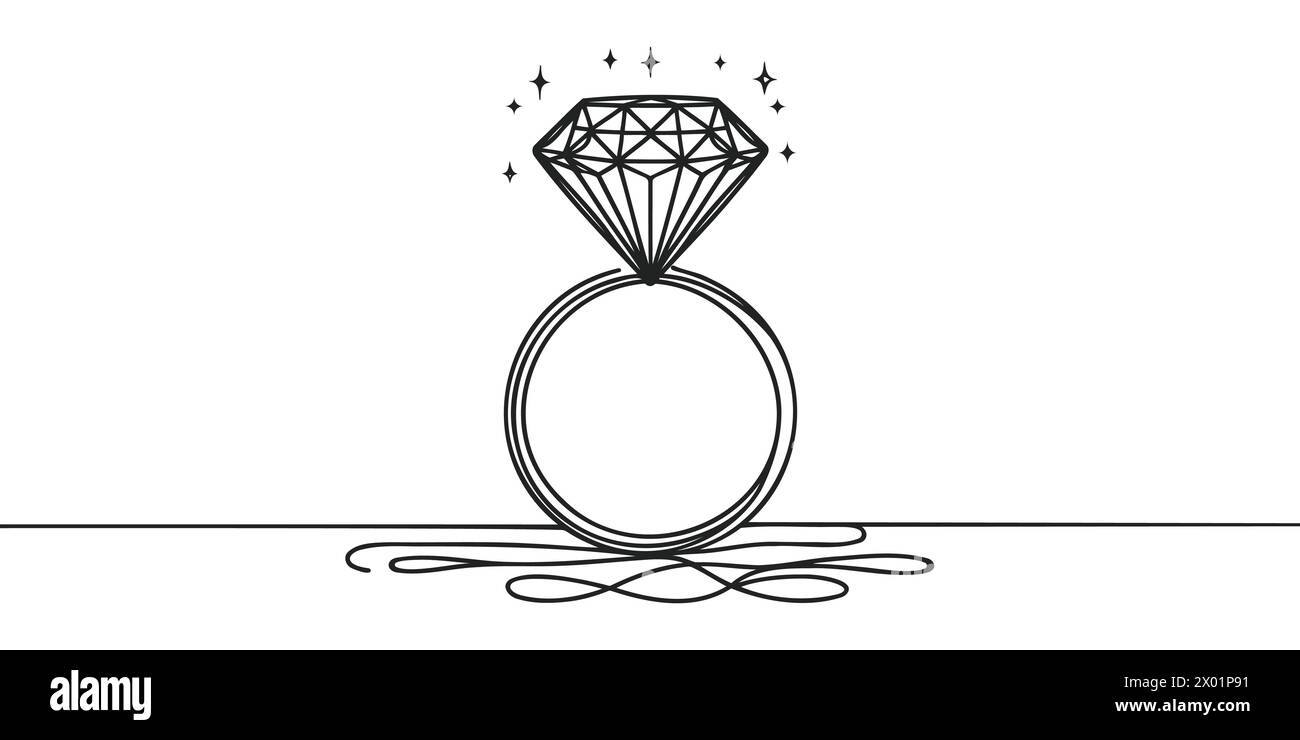 Continuous one line drawing of diamond ring line art drawing vector ...