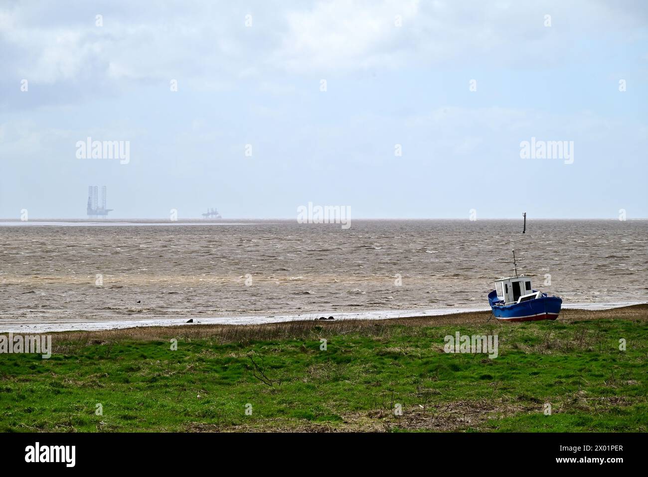 Around the UK - view of the coast of Lytham showing the rigs anchored ...