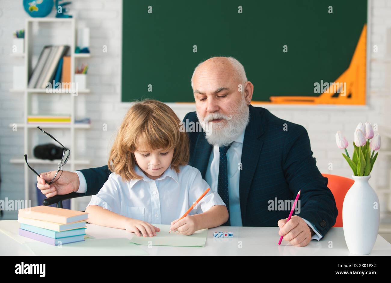 Pupil child lesson. School senior teacher. Education concept. Old ...