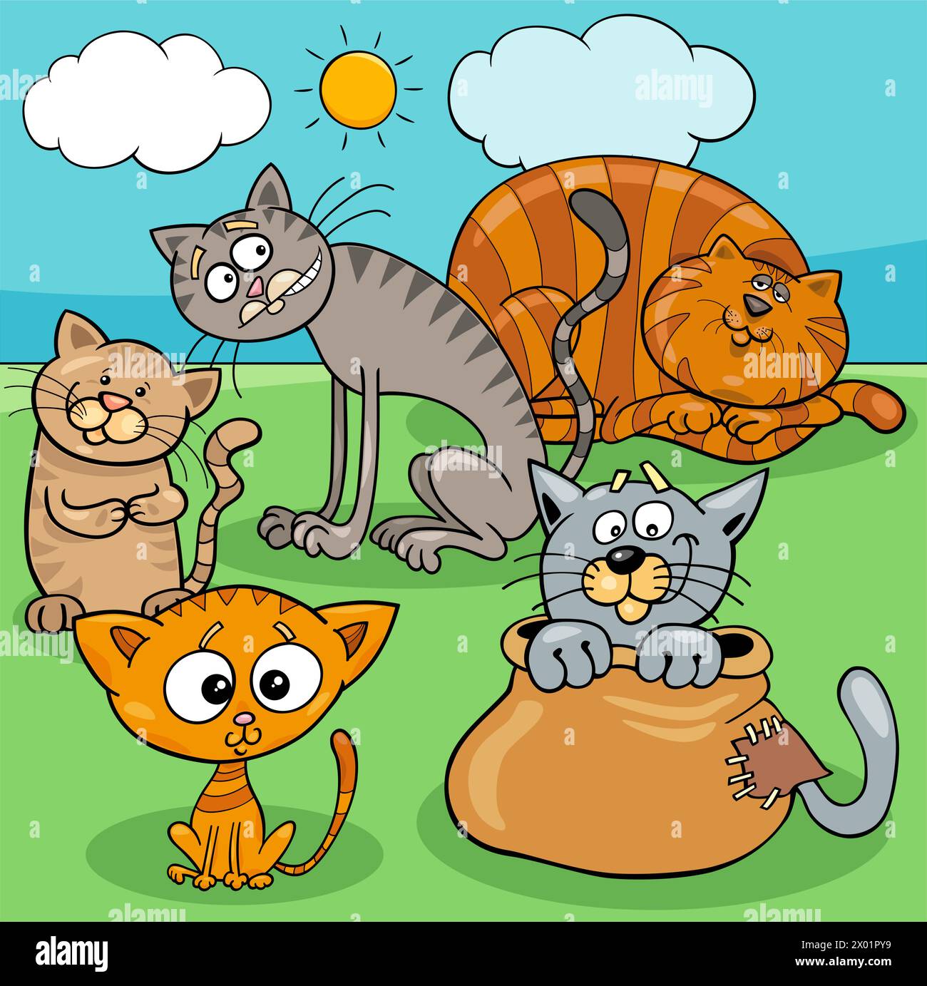 Cartoon illustration of funny cats and kittens animal characters group ...