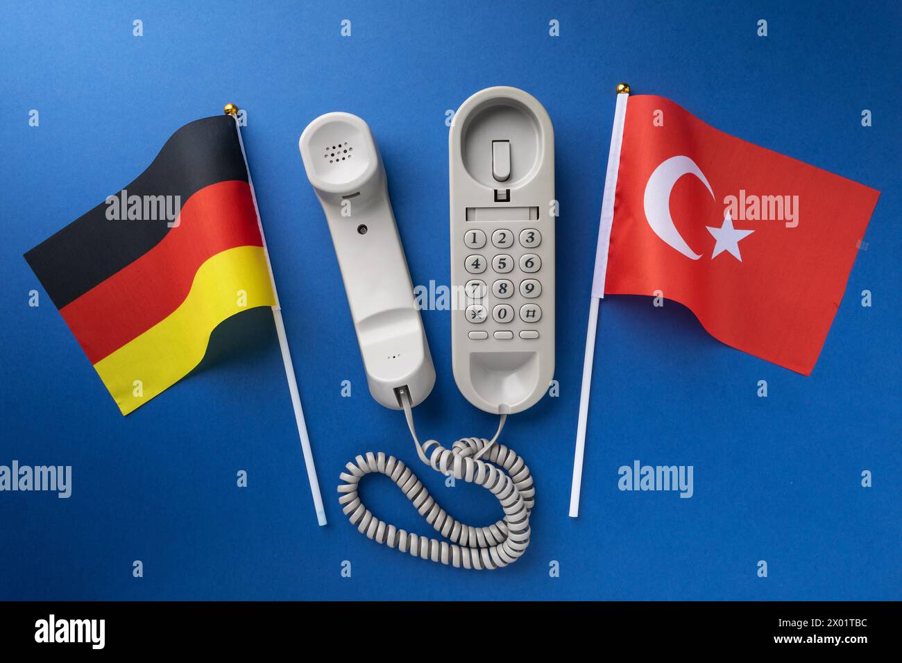 Flag of Germany, Turkey and old corded telephone on a blue background ...