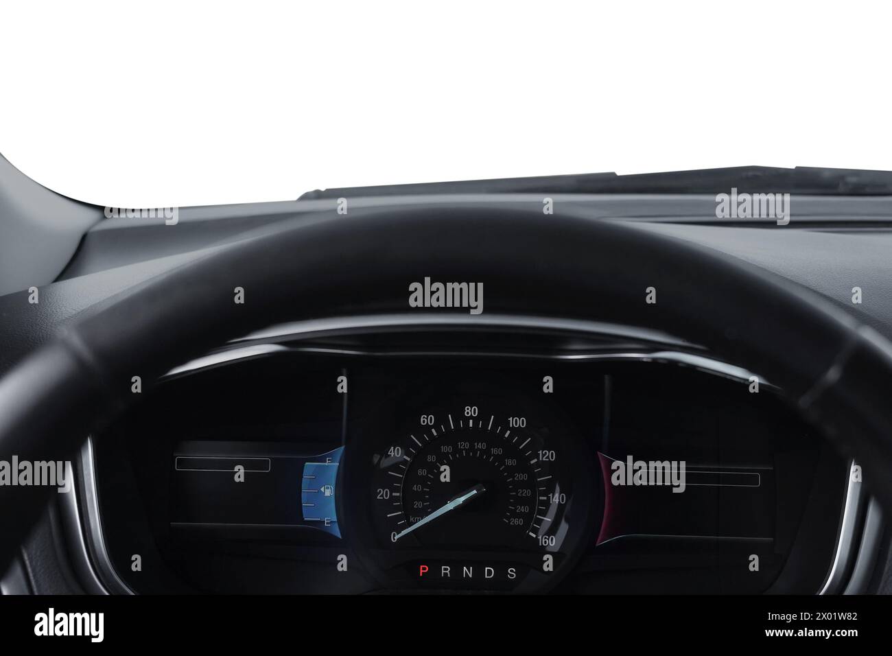 Speedometer on dashboard and steering wheel inside car Stock Photo - Alamy