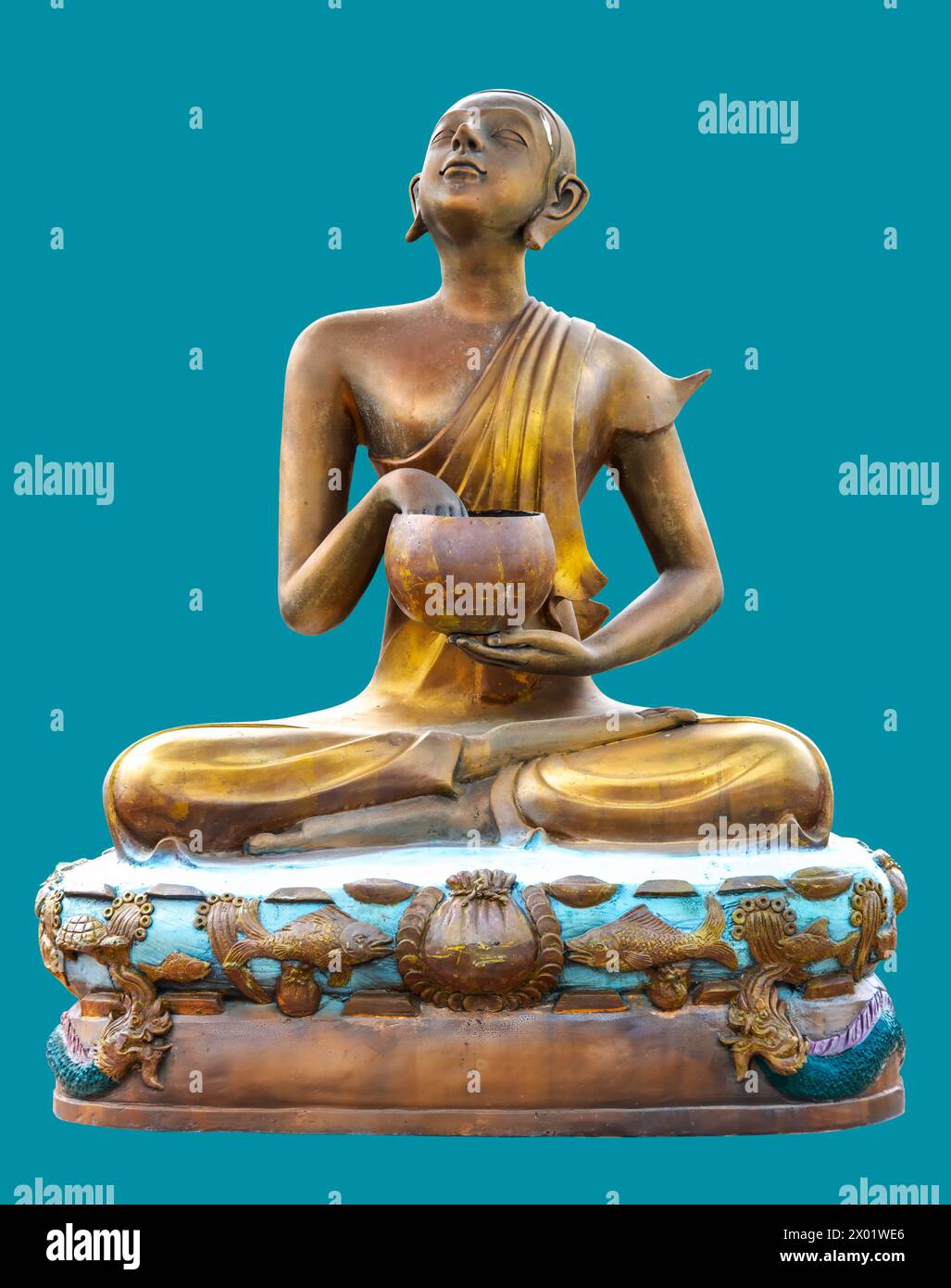Happy Buddha in bronze Statue, sitting and smiling while holding an ...