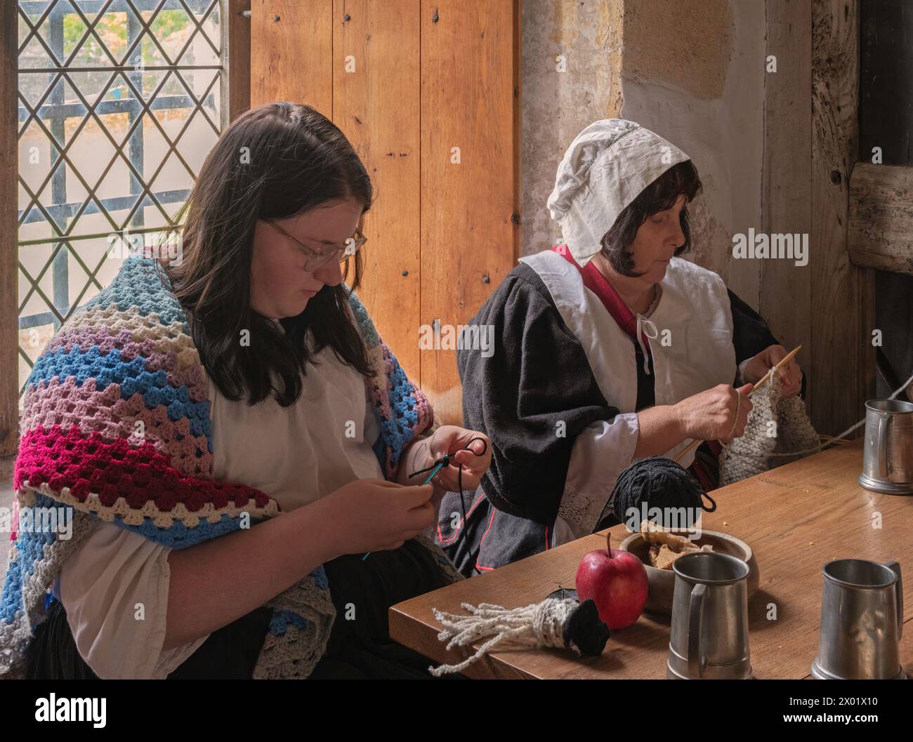 Two maidens sat doing crochet at Tretower Court and Castle, Tretower ...
