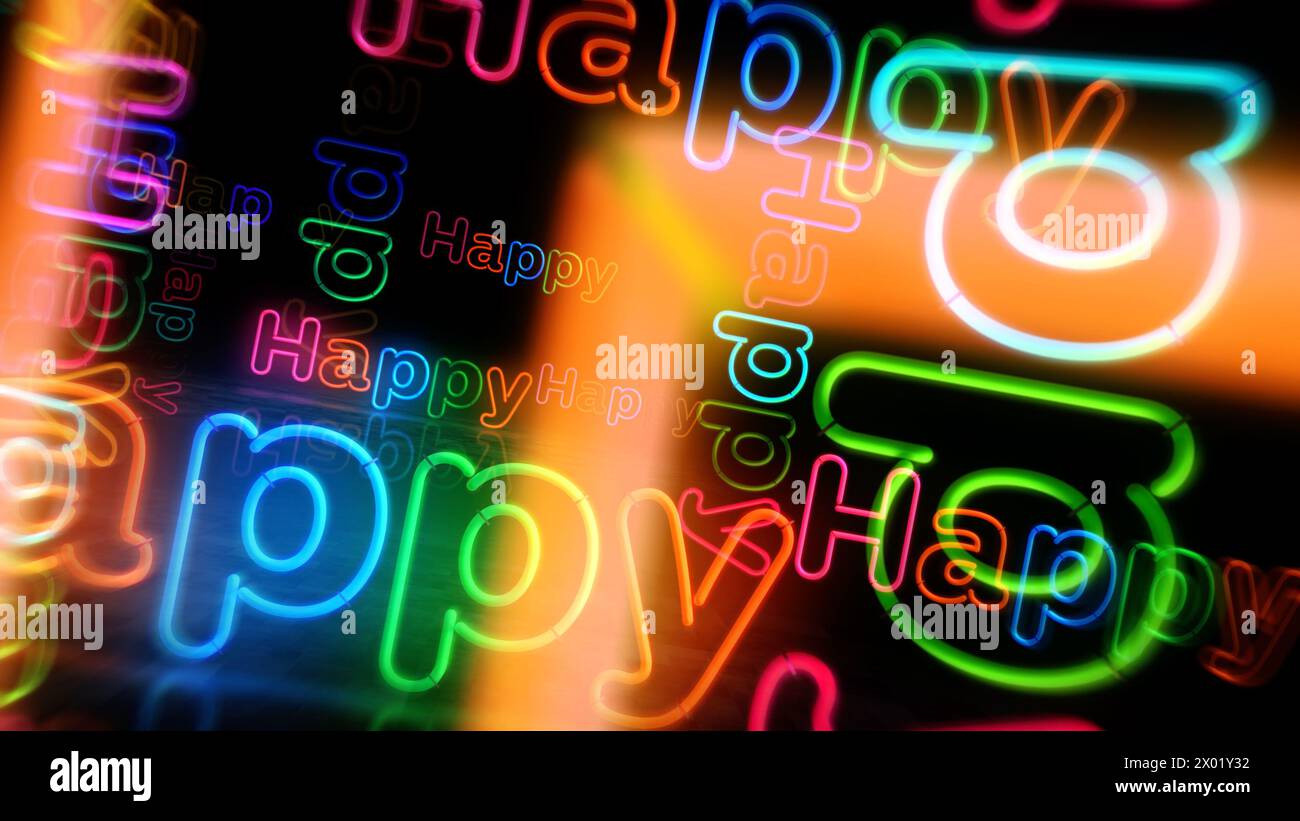 Happy neon symbol. Happiness light color bulbs. Abstract concept 3d ...