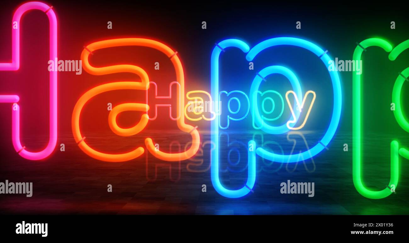 Happy neon symbol. Happiness light color bulbs. Abstract concept 3d ...