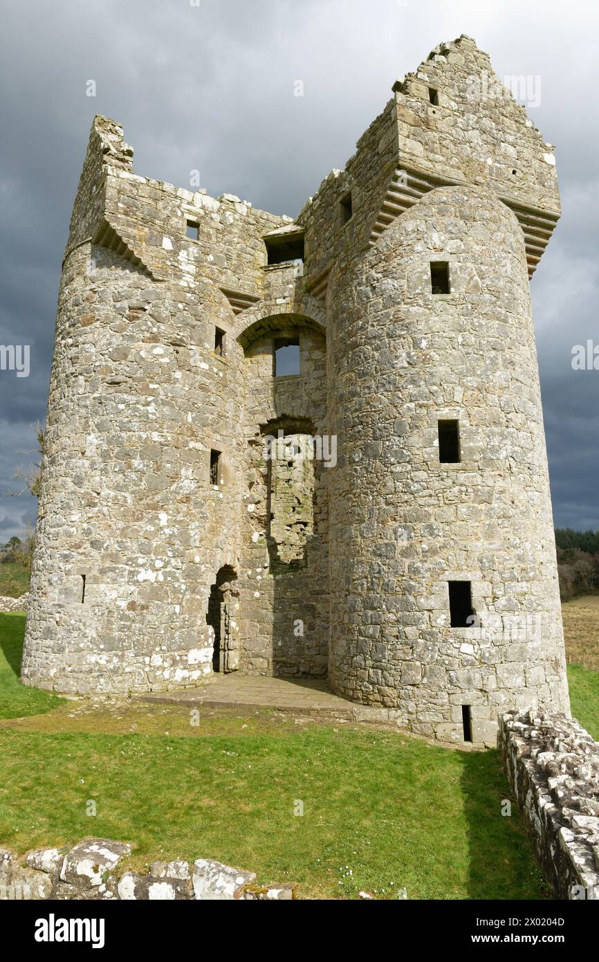 Rounded twin towered gateway of Monea Castle. Monea, County Fermanagh ...