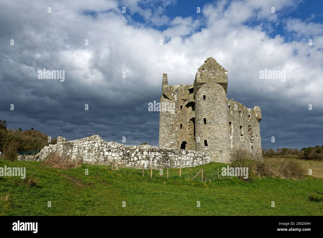 Rounded twin towered gateway of Monea Castle. Monea, County Fermanagh ...